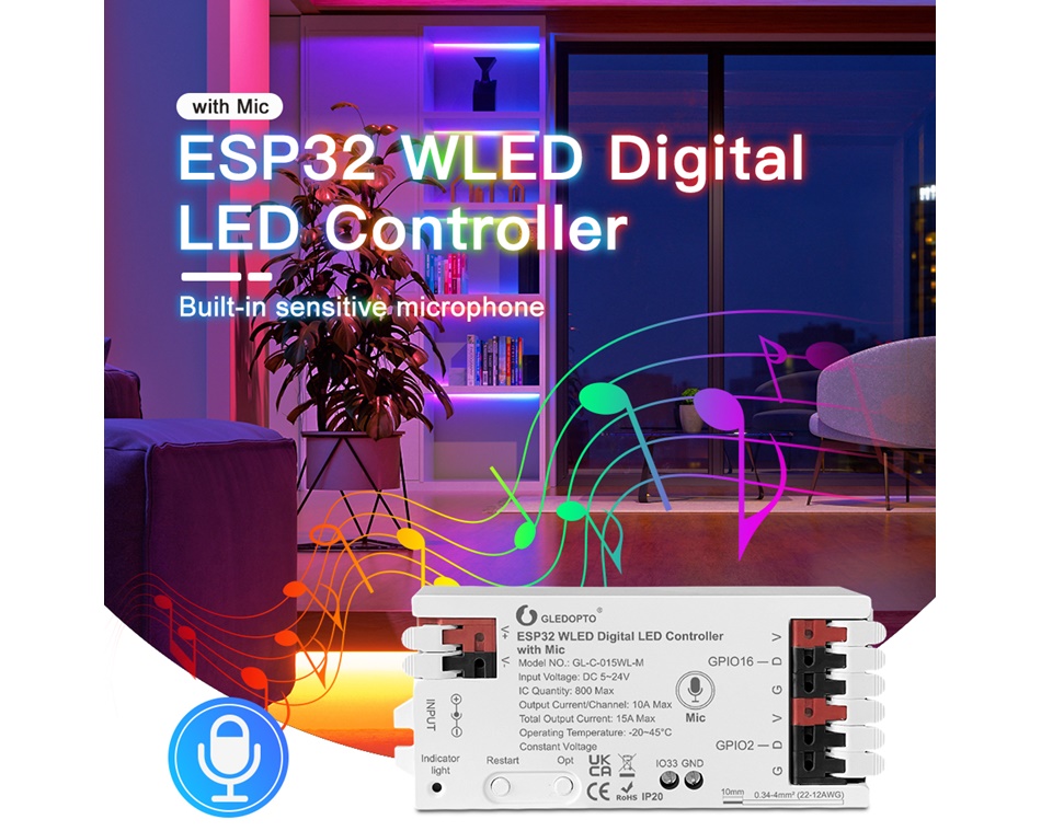 Buy ESP32 WLED Digital LED Strip Controller Mic (GL-C-015WL-M) for 29.9 € at en.m.nu